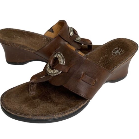 Ariat | Shoes | Ariat Cowgirl Festival Brown Leather Wedge Thong ...